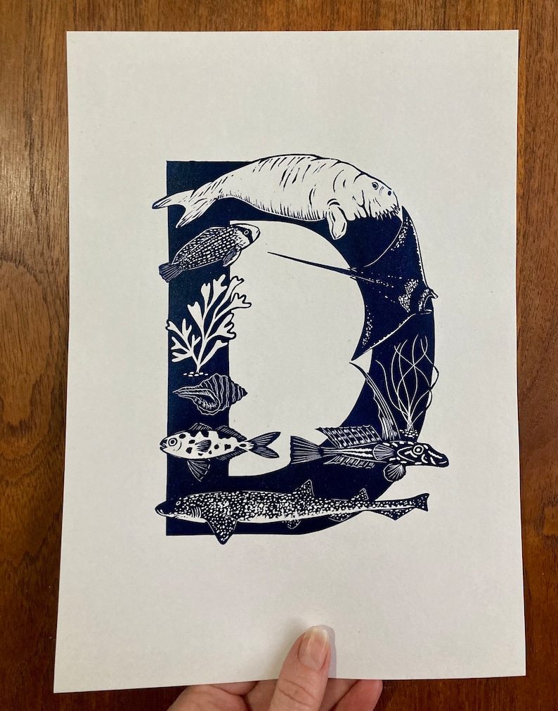 Ocean Alphabet, Original Art Linocut Prints, Sea Creatures, Whales ...