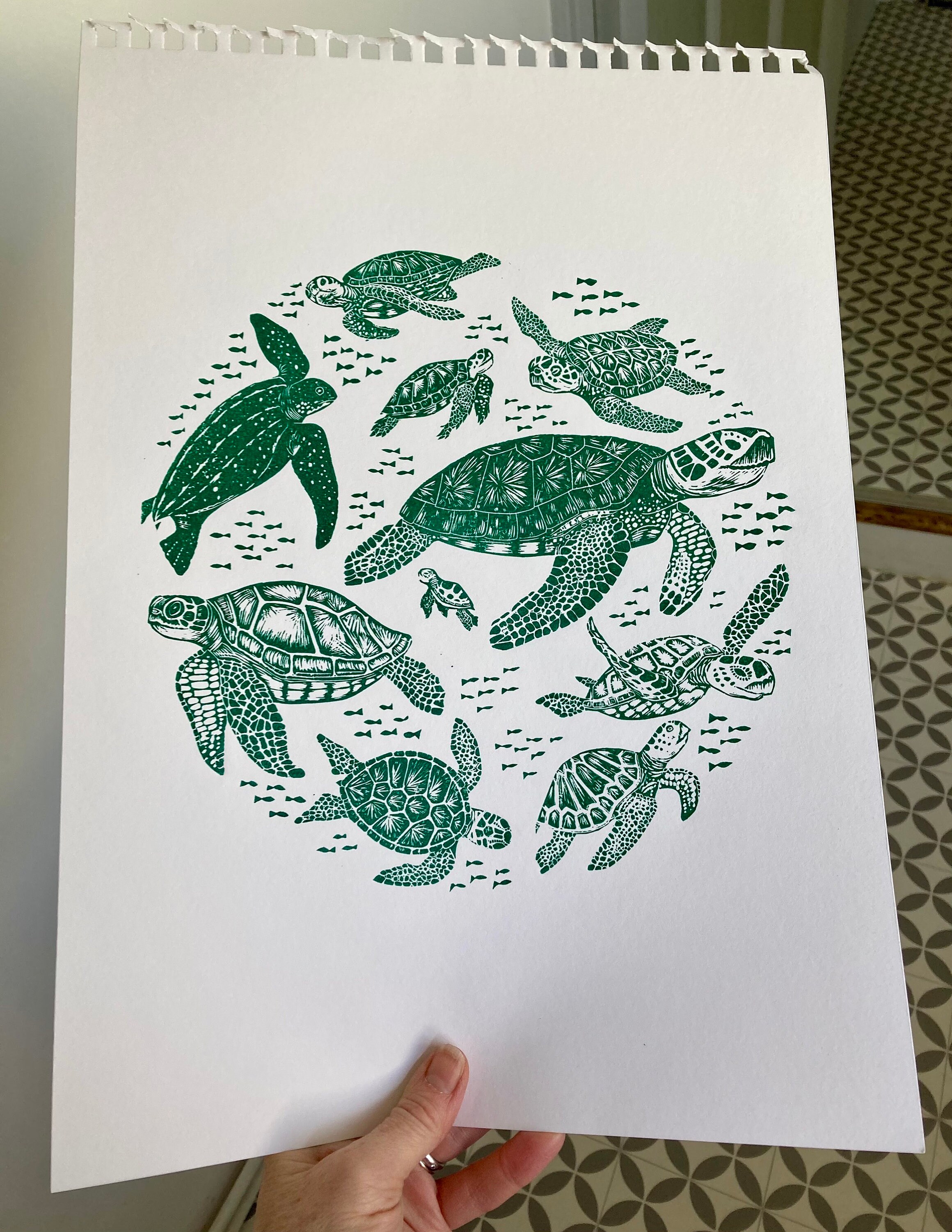 Turtle Circle Original Limited Edition Linocut Print Green - Etsy