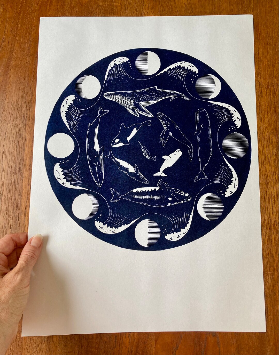 Original Linocut Art Print ‘moon and Whales’, Phases of the Moon ...