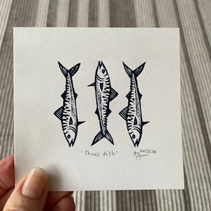 Three Fish Mackerel Linocut Art Print, - Etsy