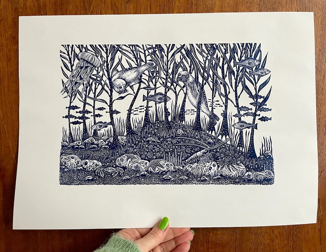 Kelp Forest, Original Linocut Art Print, Seal, Jellyfish, Fish, Seaweed ...