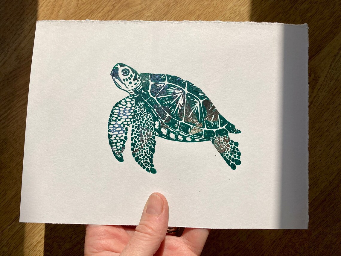 Sea turtle original linocut print silver leaf embellished | Etsy