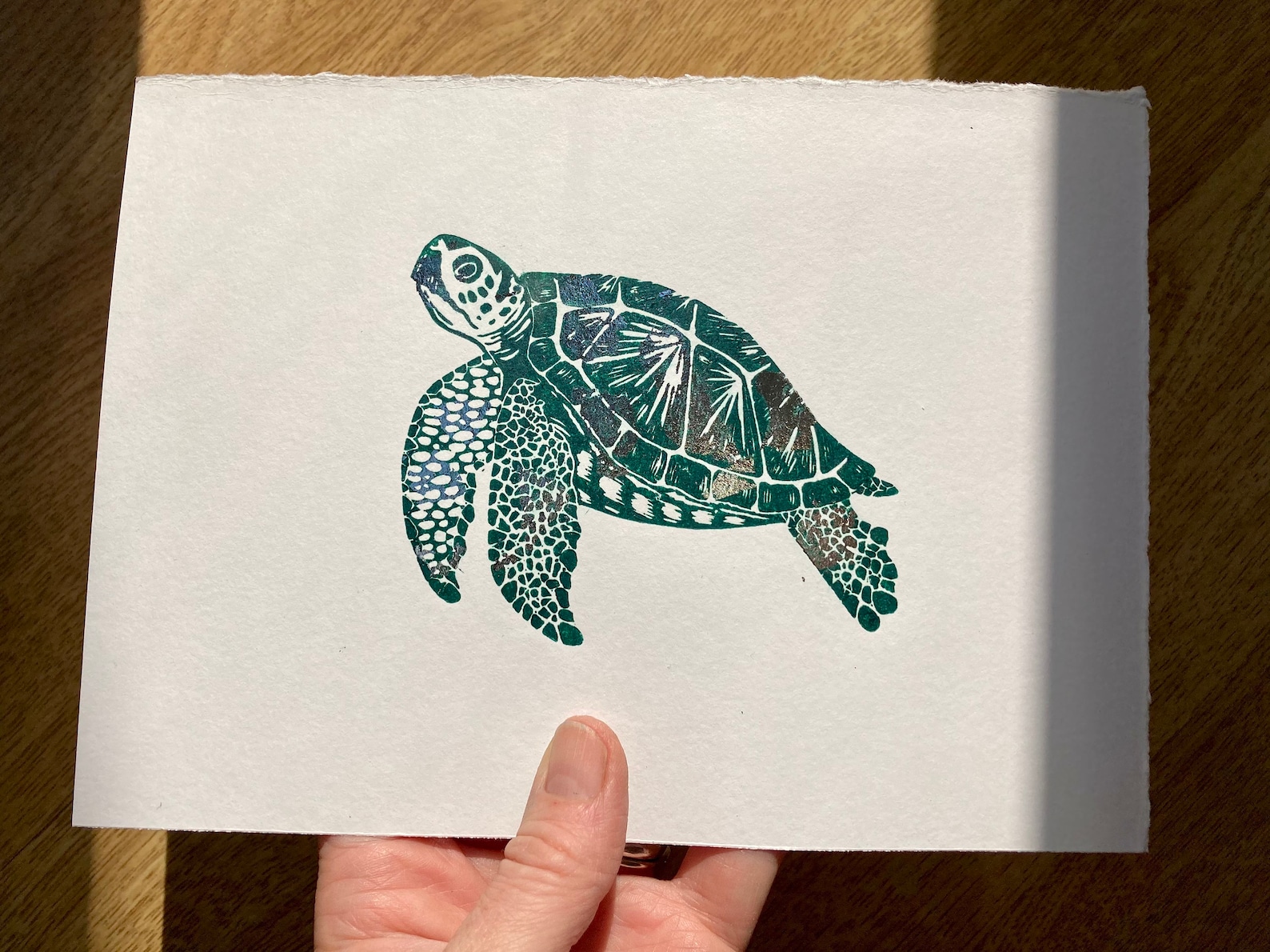 Sea turtle original linocut print silver leaf embellished | Etsy