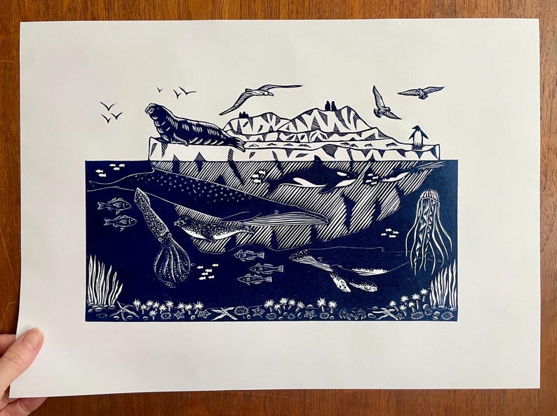 Antarctic Creatures, Original Linocut Art Print, Iceberg, Fish, Whale ...