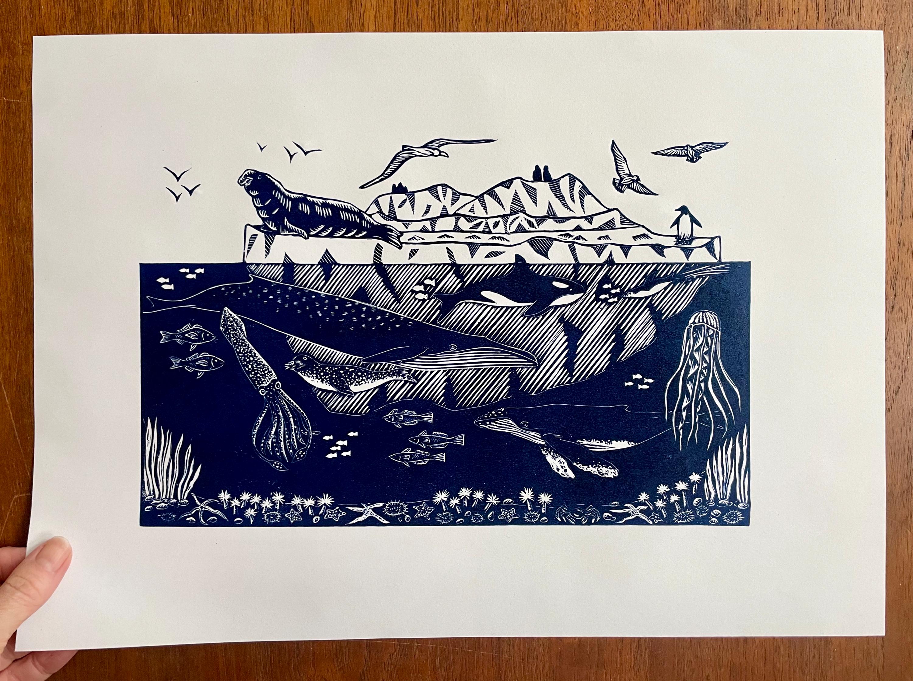 Antarctic Creatures, Original Linocut Art Print, Iceberg, Fish, Whale ...