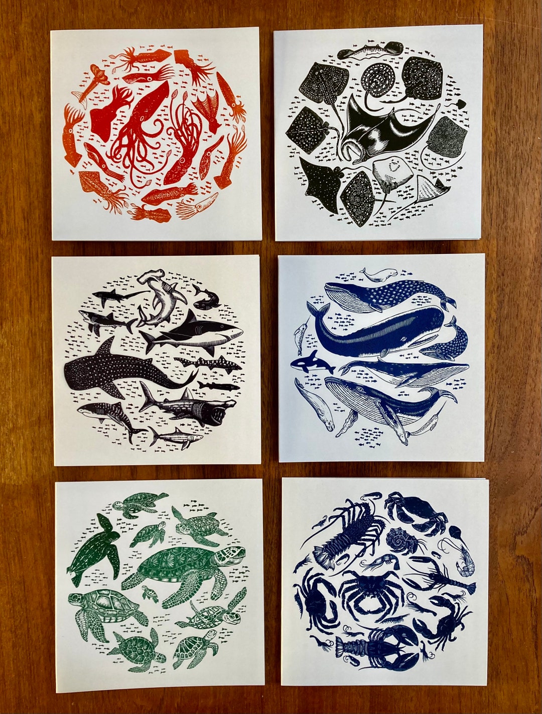 Linocut Ocean Life Greetings Cards - Pack of 6 - Etsy