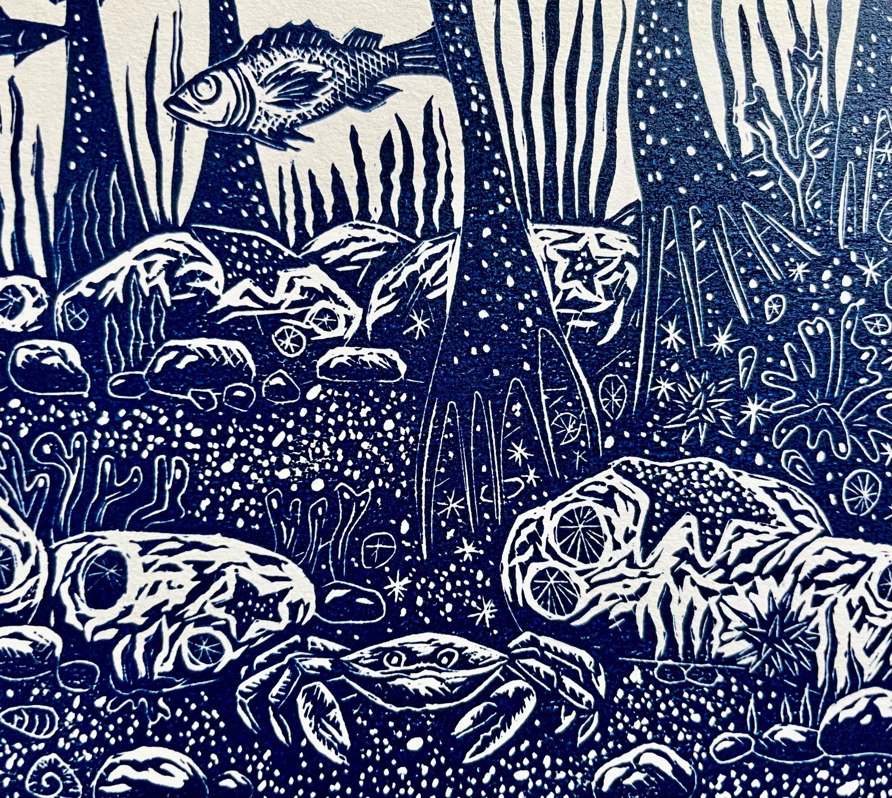 Kelp Forest, Original Linocut Art Print, Seal, Jellyfish, Fish, Seaweed ...