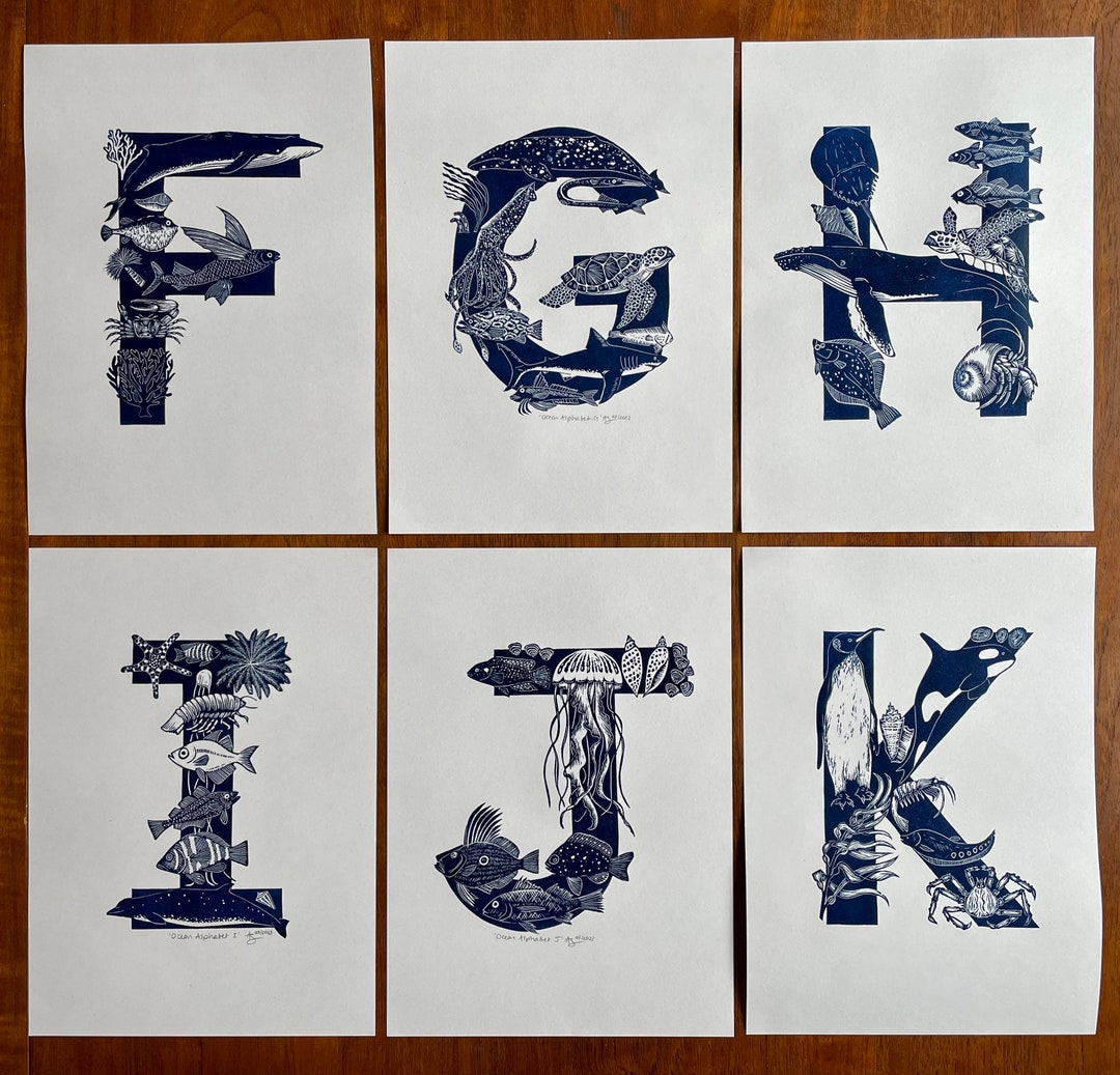 Ocean Alphabet, Original Art Linocut Prints, Sea Creatures, Featuring ...
