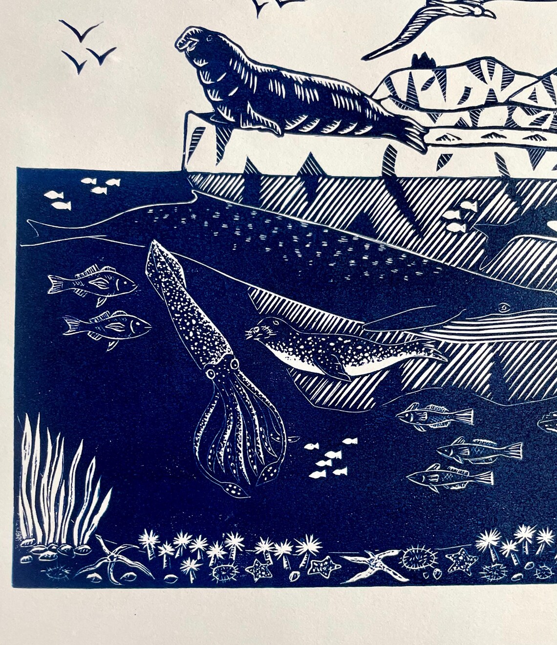 Antarctic Creatures, Original Linocut Art Print, Iceberg, Fish, Whale ...