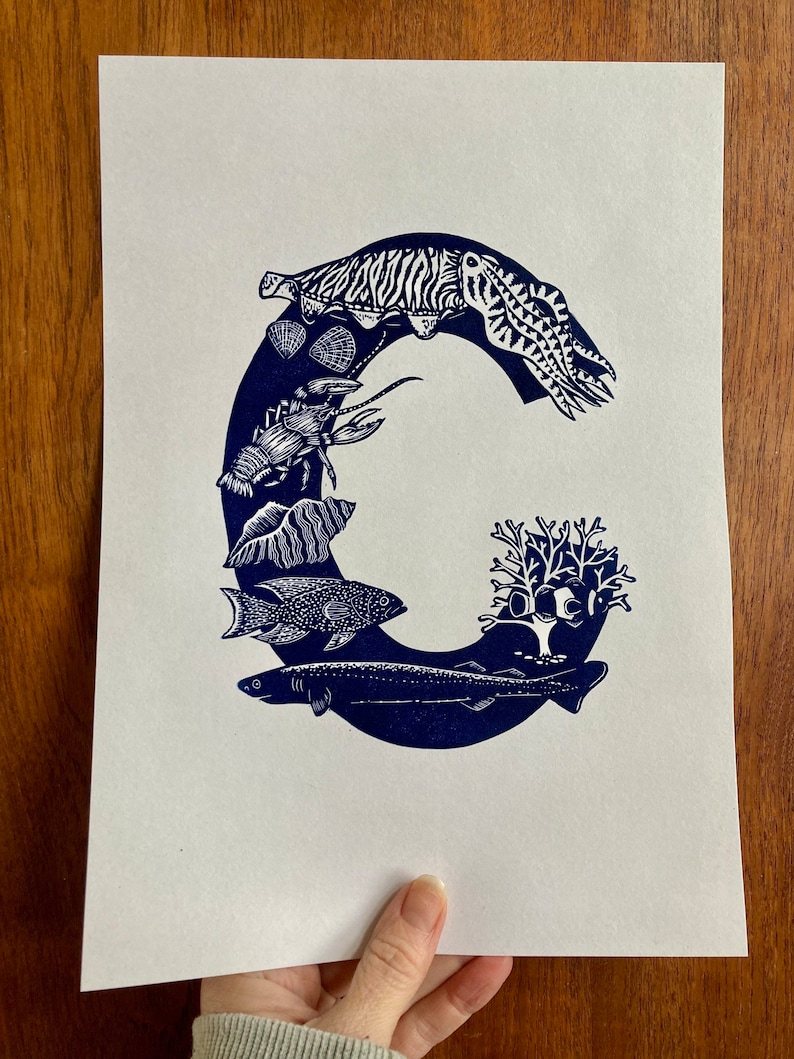 Ocean Alphabet, Original Art Linocut Prints, Sea Creatures, Whales ...