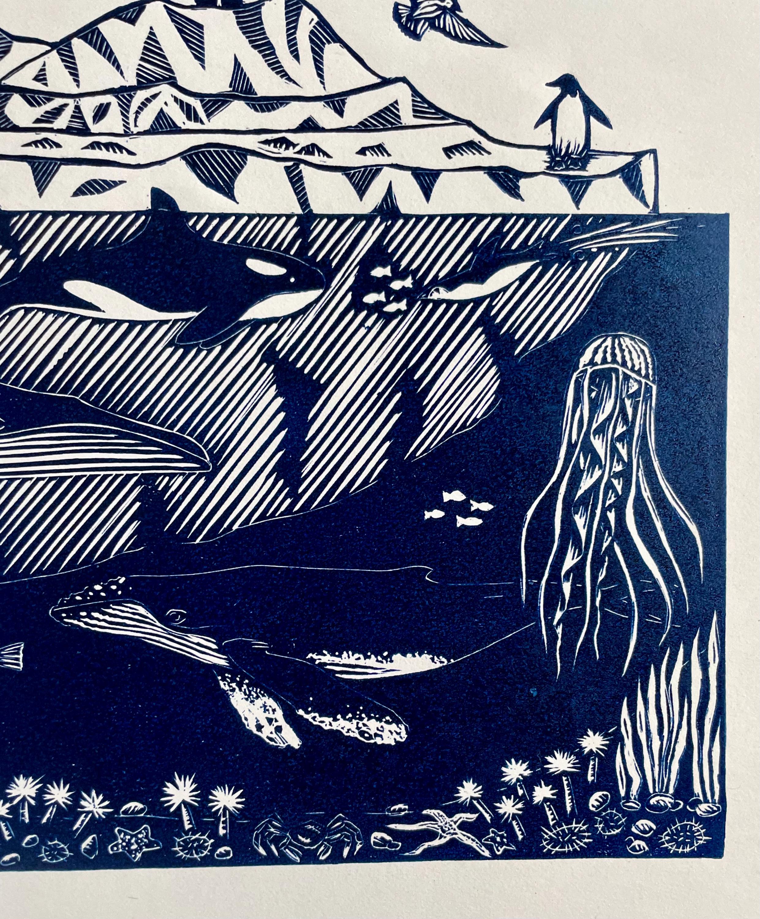 Antarctic Creatures, Original Linocut Art Print, Iceberg, Fish, Whale ...