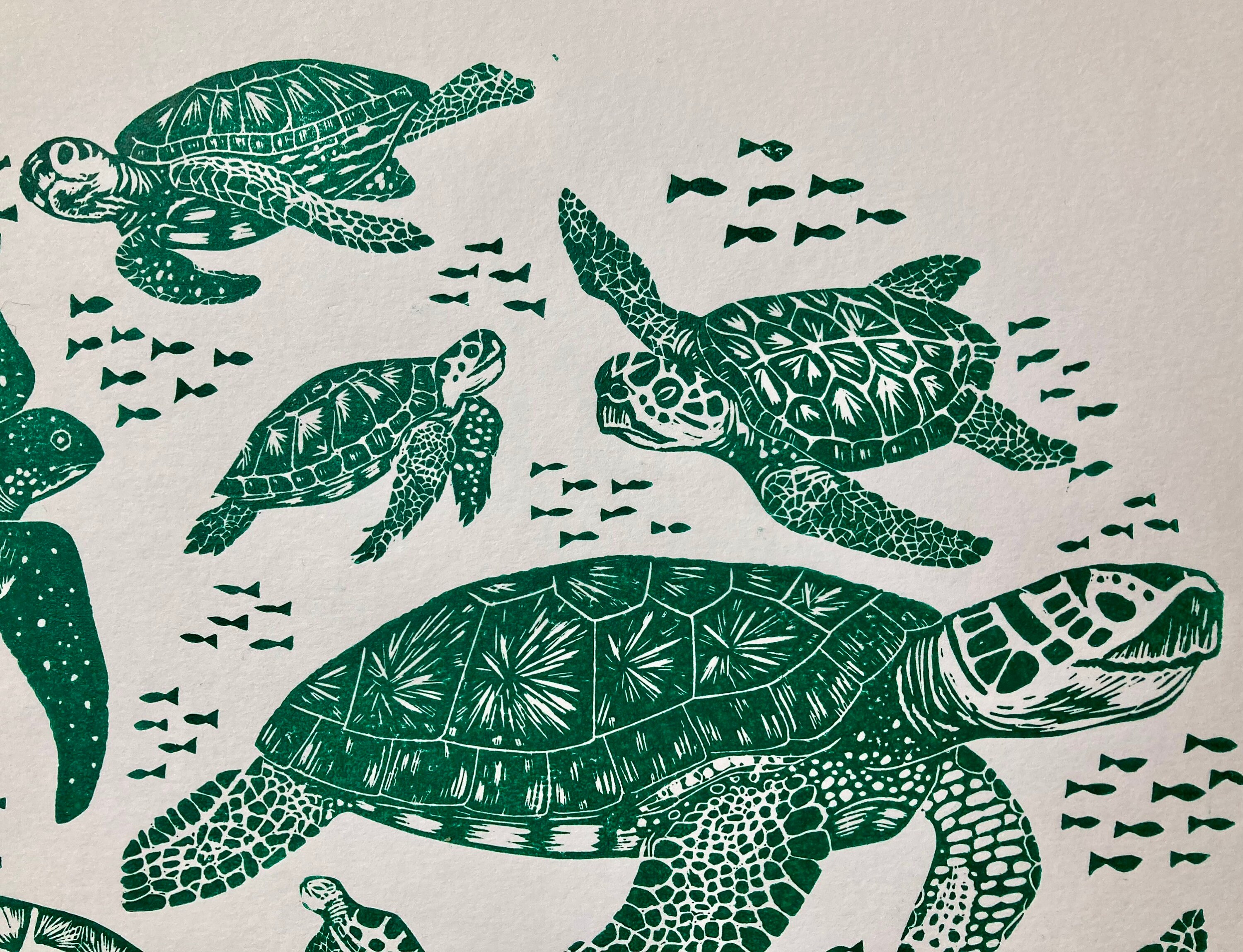 Turtle Circle Original Limited Edition Linocut Print Green - Etsy