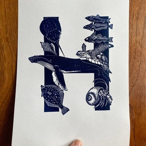 Ocean Alphabet, Original Art Linocut Prints, Sea Creatures, Featuring ...