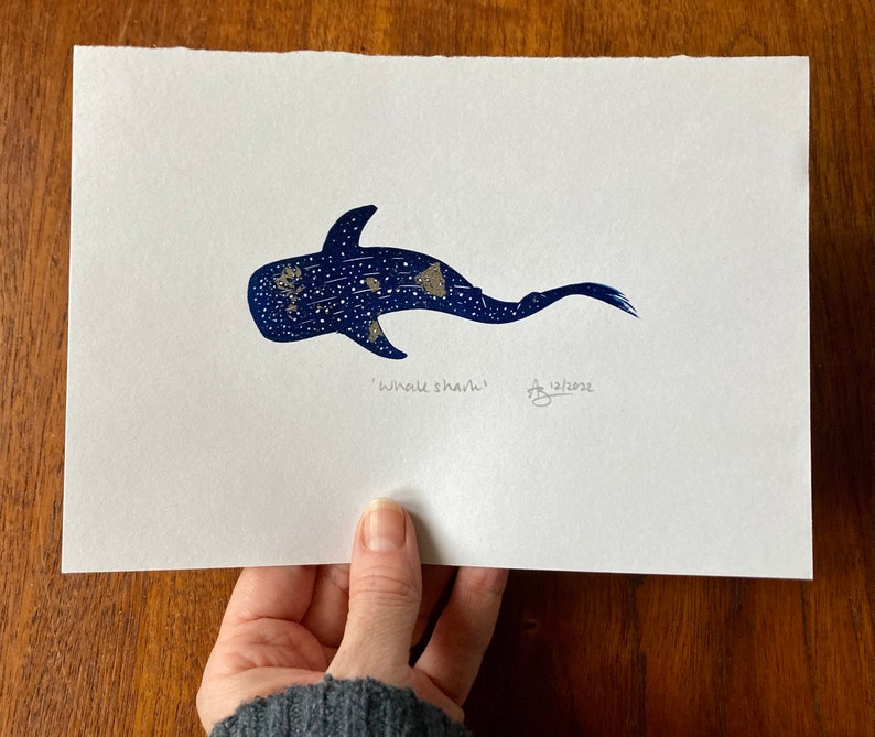 Whale Shark Original Linocut Print With Silver Leaf - Etsy