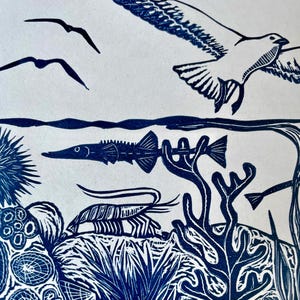 Rockpool, Original Linocut Art Print, Fish, Seaweed, Crab, Shells - Etsy UK