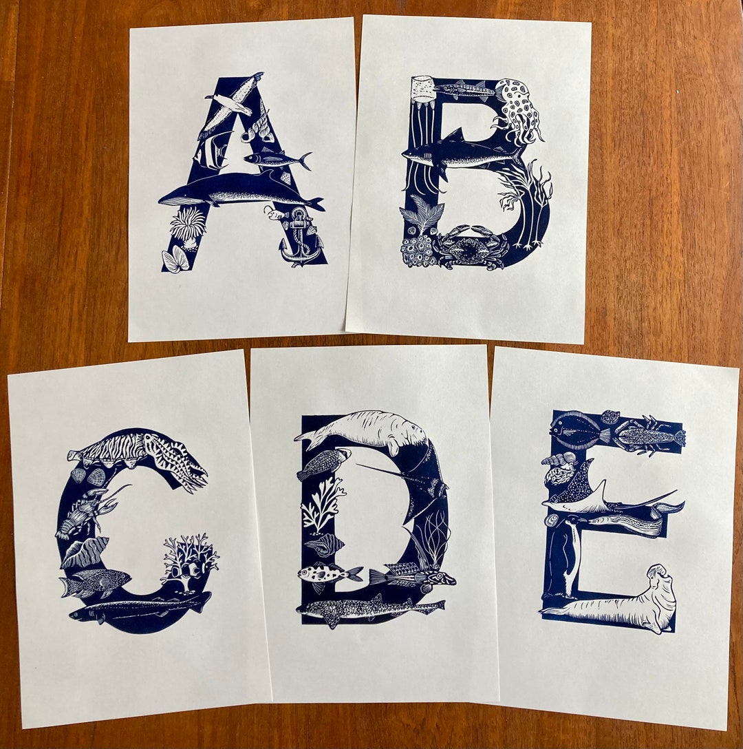 Ocean Alphabet, Original Art Linocut Prints, Sea Creatures, Whales ...
