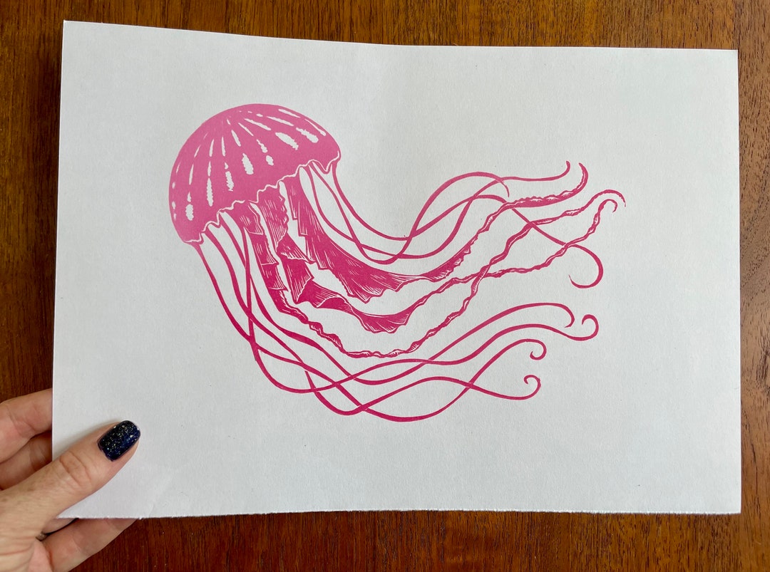 Original Linocut Art Print pink Jellyfish - Etsy