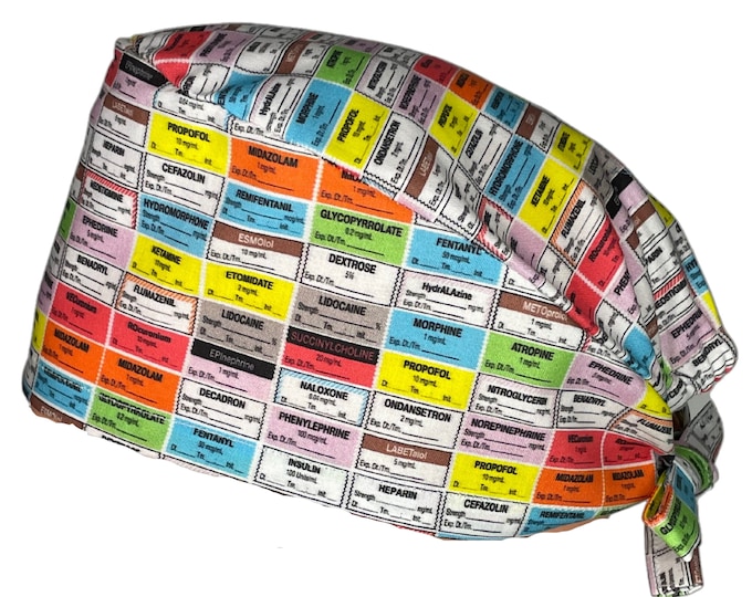 Louis + Phil Pharmacy Labels Anesthesia Men's/unisex Tie Back Scrub Cap ...