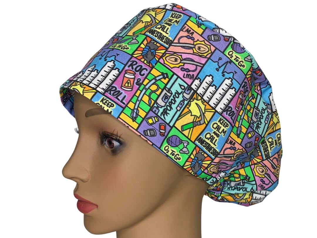 Anesthesia Comic Scrub Cap, Euro, Ribbon Tie or Men's Nurse Cap, Scrub ...
