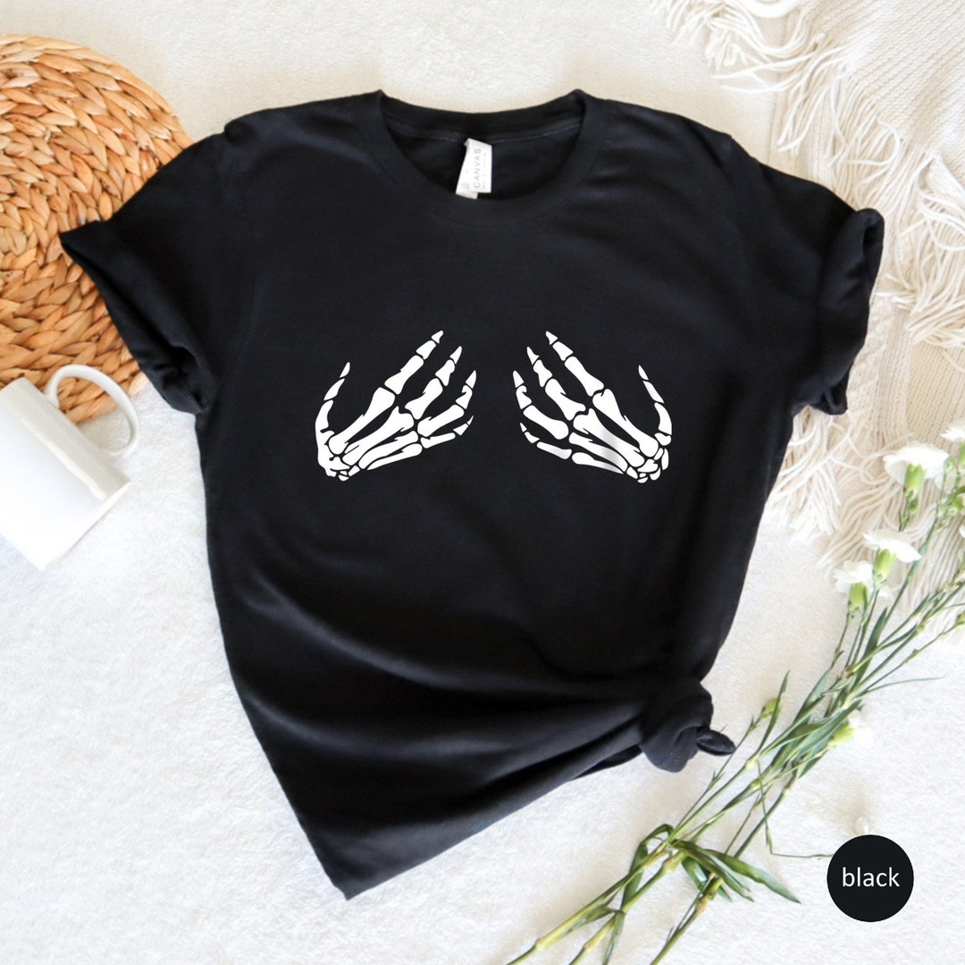 Skeleton Hand Bra T-shirt, Funny Halloween Shirts, Skeleton Graphic Tee ...