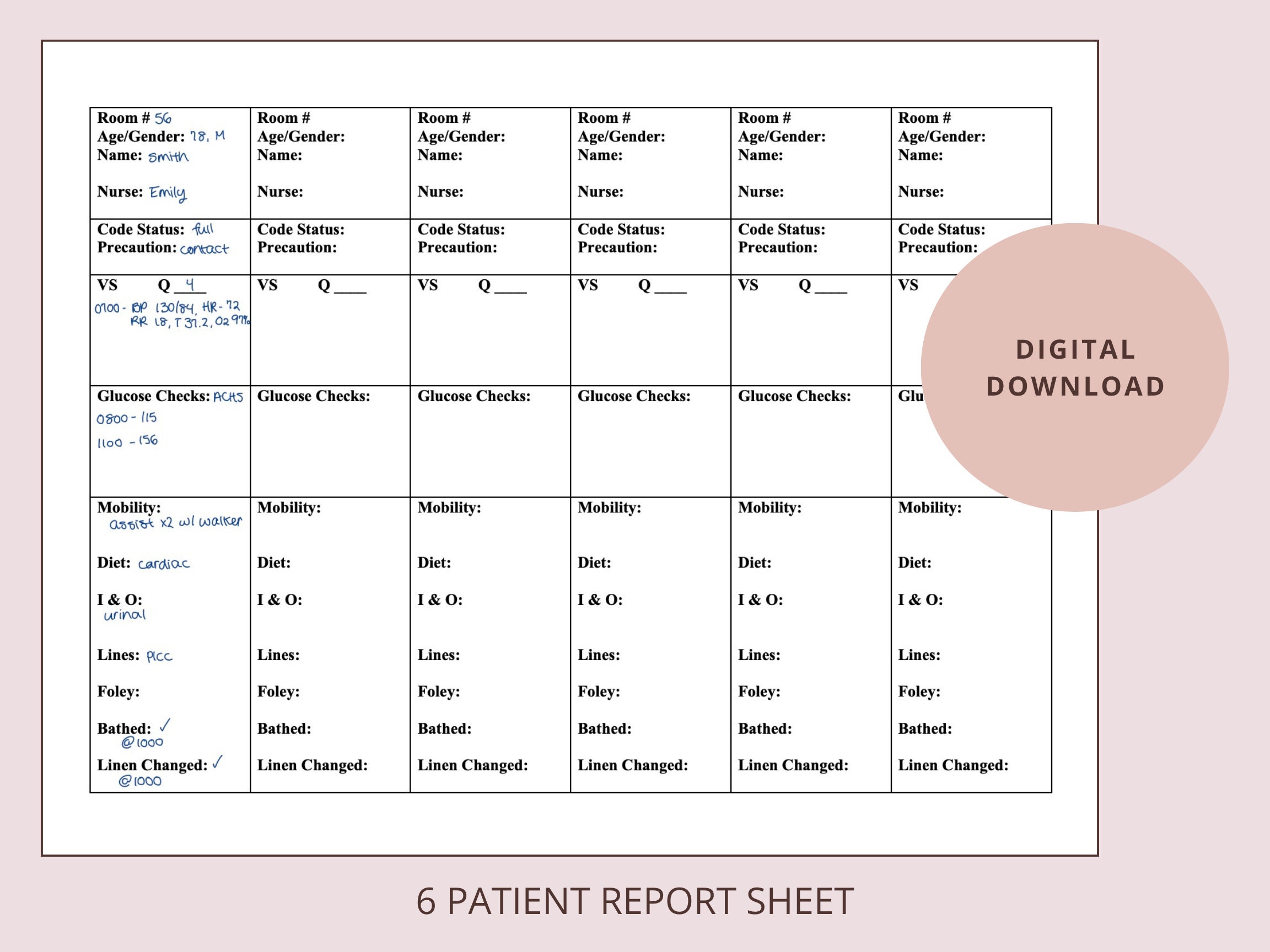 6 Patient CNA PCT Report Sheet, Nursing Student Planner (PDF Download ...