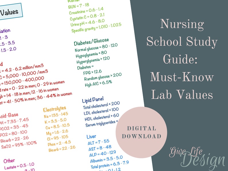 Nursing School Must-know Lab Values - Etsy