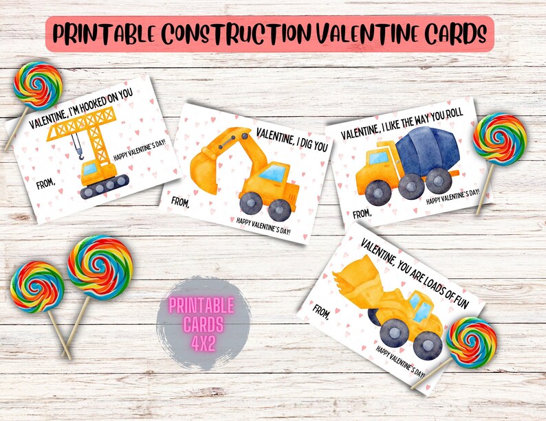 Set of 4 Printable Construction Vehicles Valentine Cards /classroom ...