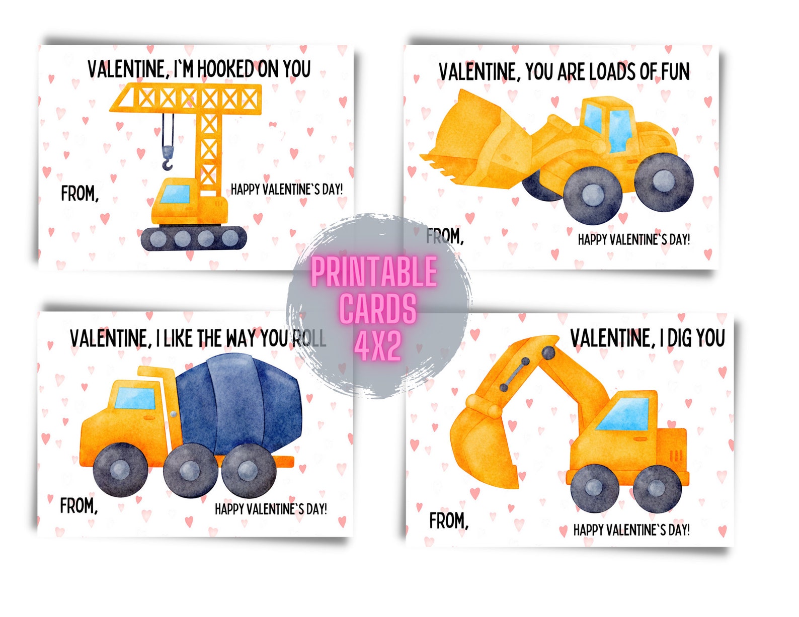 Set of 4 Printable Construction Vehicles Valentine Cards /classroom ...