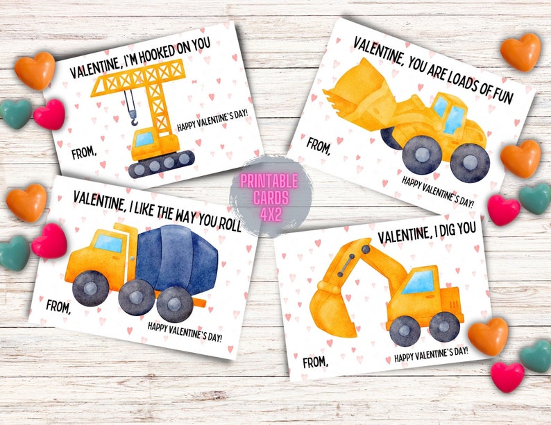 Set of 4 Printable Construction Vehicles Valentine Cards /classroom ...