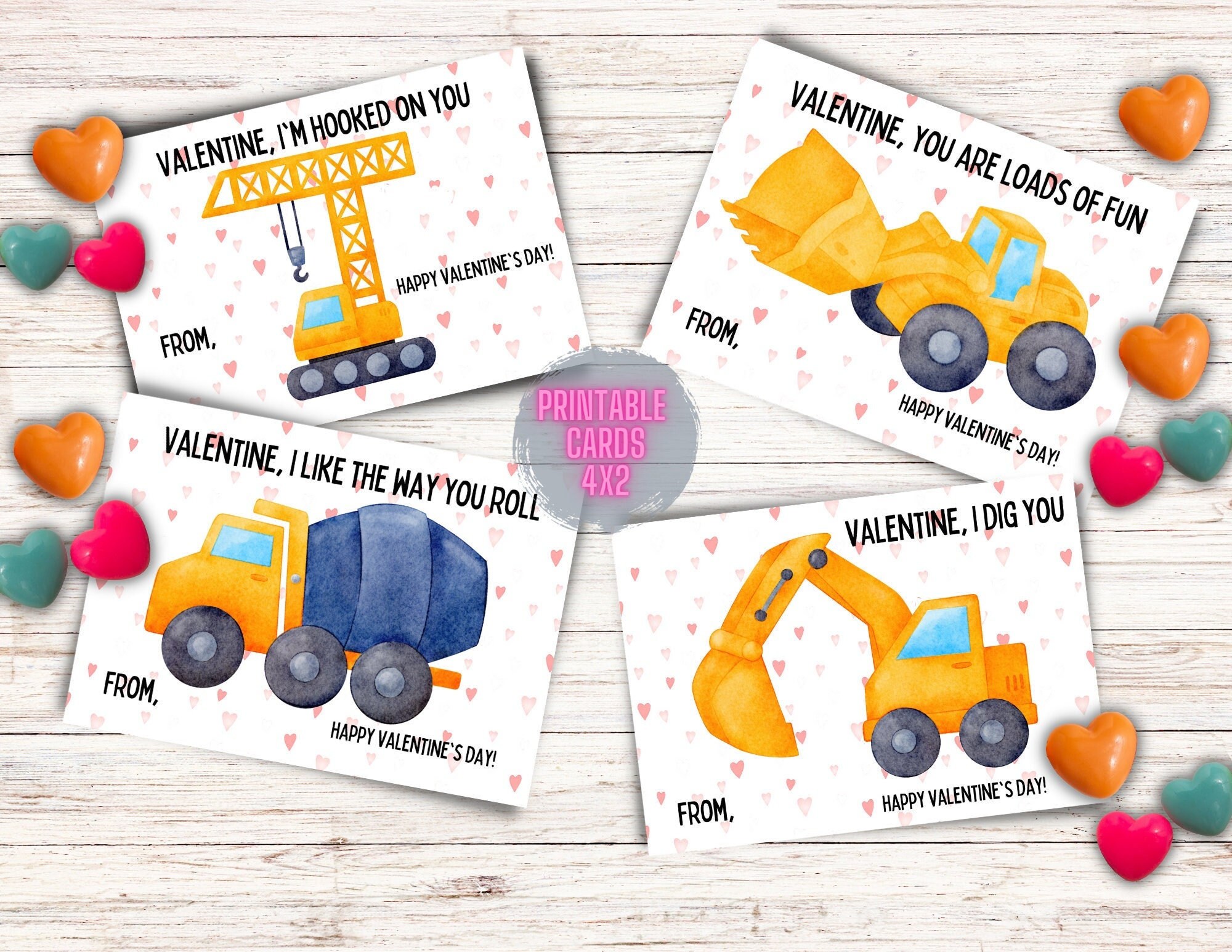 Set of 4 Printable Construction Vehicles Valentine Cards /classroom ...