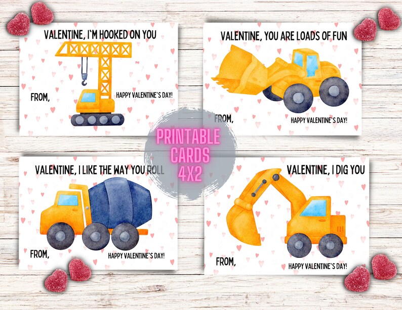 Set of 4 Printable Construction Vehicles Valentine Cards /classroom ...
