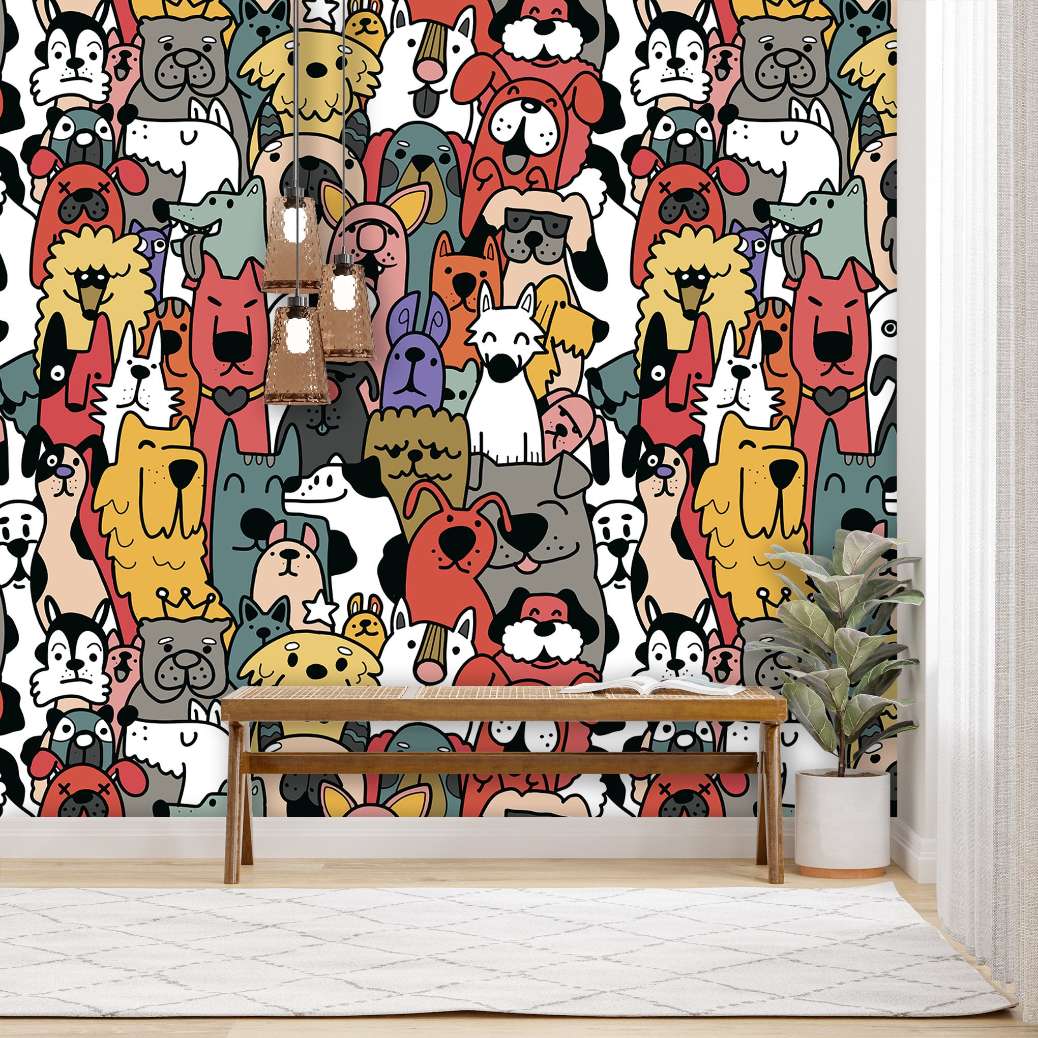 Dog Colorful Pattern Wallpaper & Wall Mural Pets Nursery Kids Dogs Wall ...