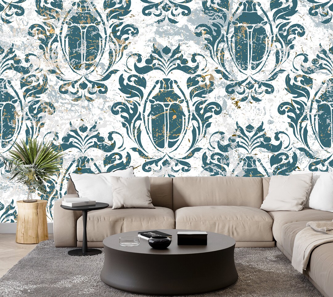 Damask Design Blue Vintage Wallpaper & Wall Mural Pattern Self Adhesive ...