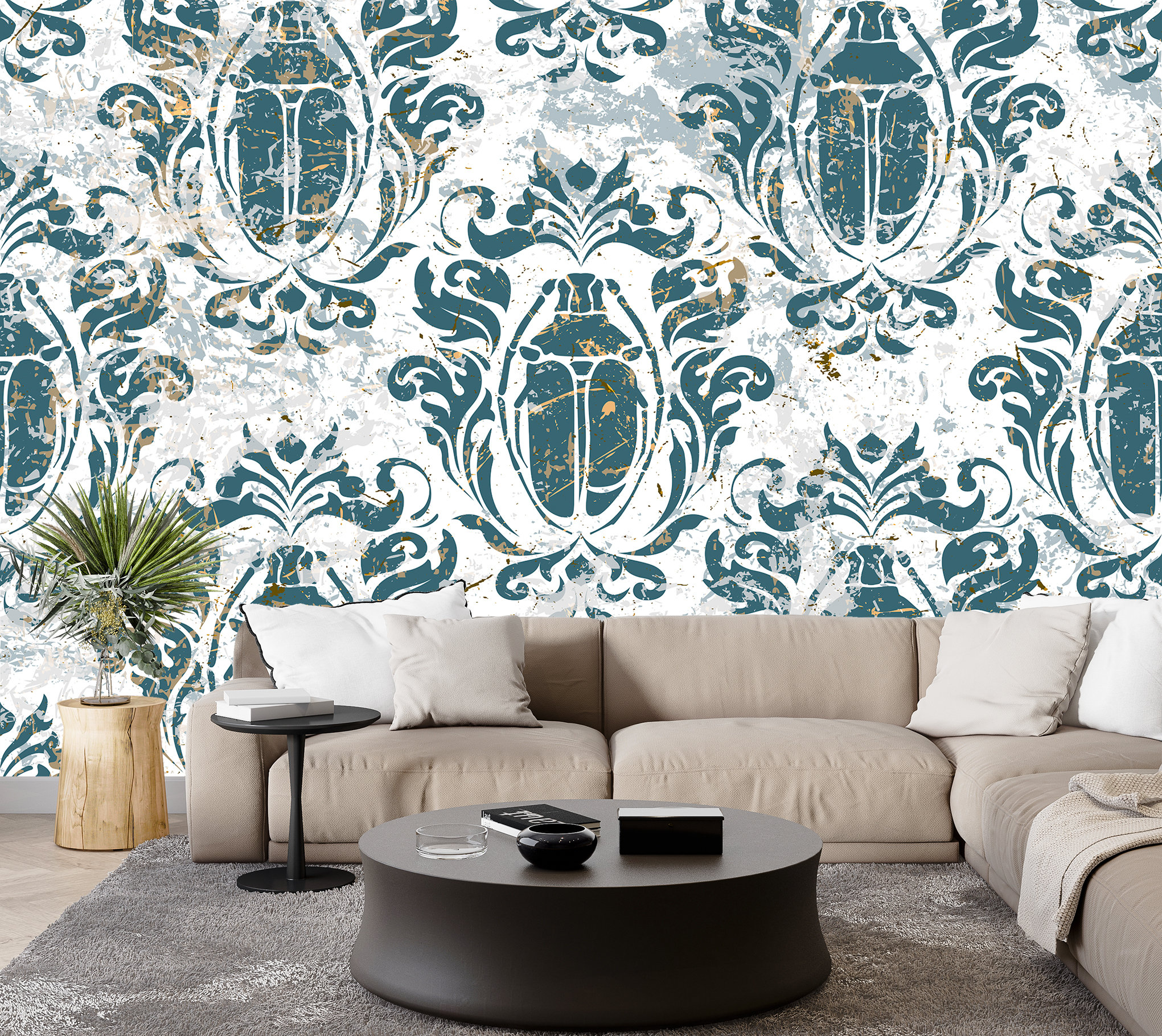 Damask Design Blue Vintage Wallpaper & Wall Mural Pattern Self - Etsy