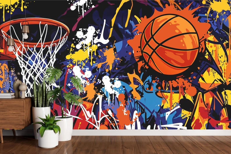 Basketball Wall Background Mural Kids Neutral Basketball Wallpaper ...