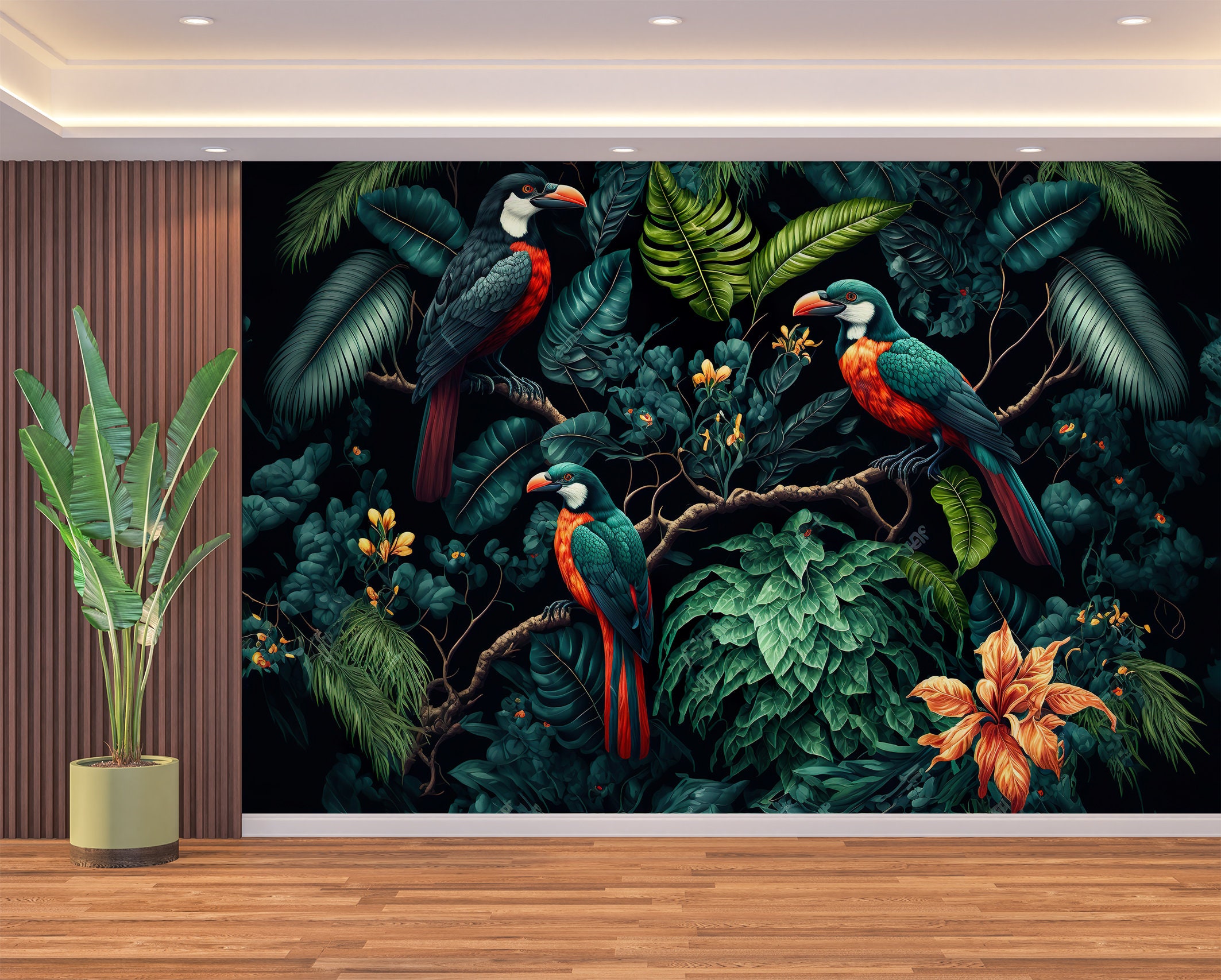 Parrots & Tropical Wallpaper Wall Art Mural Flowers Palm - Etsy