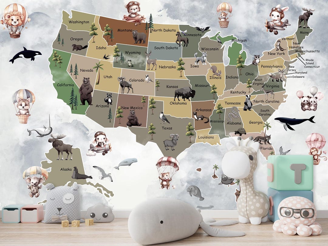 United State Kids Map Wallpaper Mural Kids Room Map Wall Mural ...