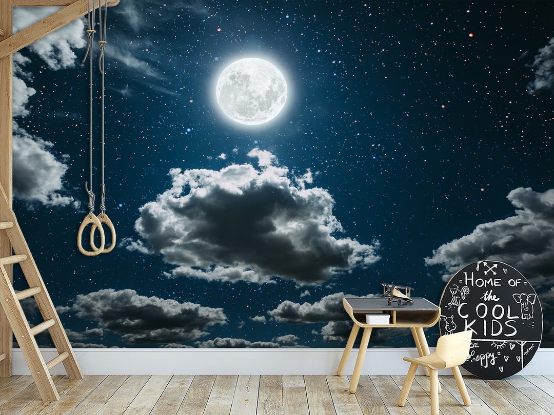 Moon and Clouds Wallpaper & Wall Art Mural Stars Night Sky Full Moon ...