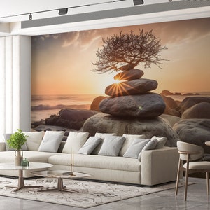 Meditation Tree on Stone Wallpaper & Wall Mural Zen Stones Balanced ...