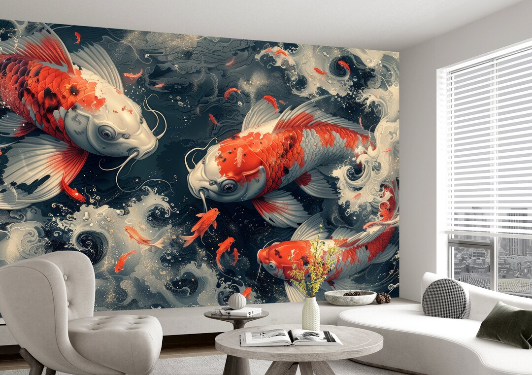 Asian Koi Fish Wallpape Art Mural Carp Japanese Style Koi Fish Modern ...