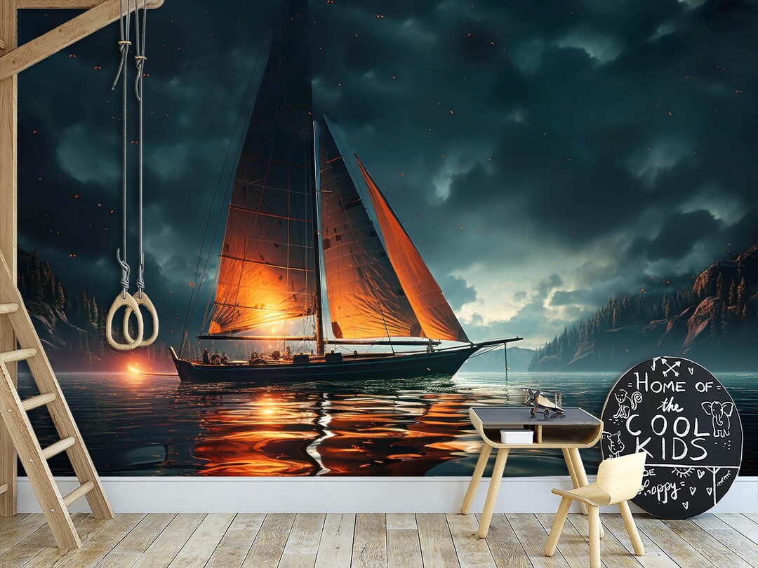 Drifting Boat Wallpaper at Night Photomural for Living Room Wallpaper ...