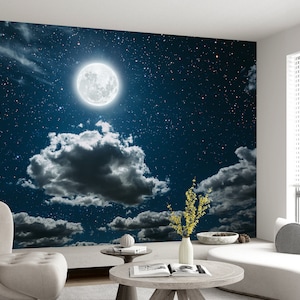Moon and Clouds Wallpaper & Wall Art Mural Stars Night Sky Full Moon ...