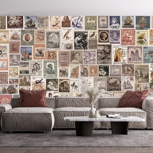 Postage Stamps Wallpaper & Wall Art Mural Vintage Postcards Collage ...