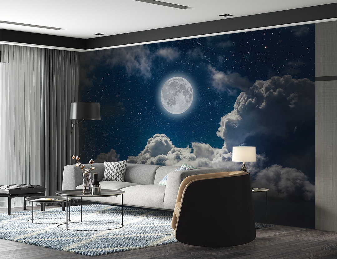 Moon and Clouds Night Sky Wallpaper & Wall Art Mural Stars Night Sky ...