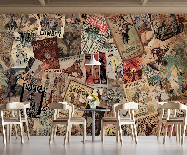 Vintage Western Collage Wallpaper, Cowboy Rodeo Art (peel and Stick) - Etsy