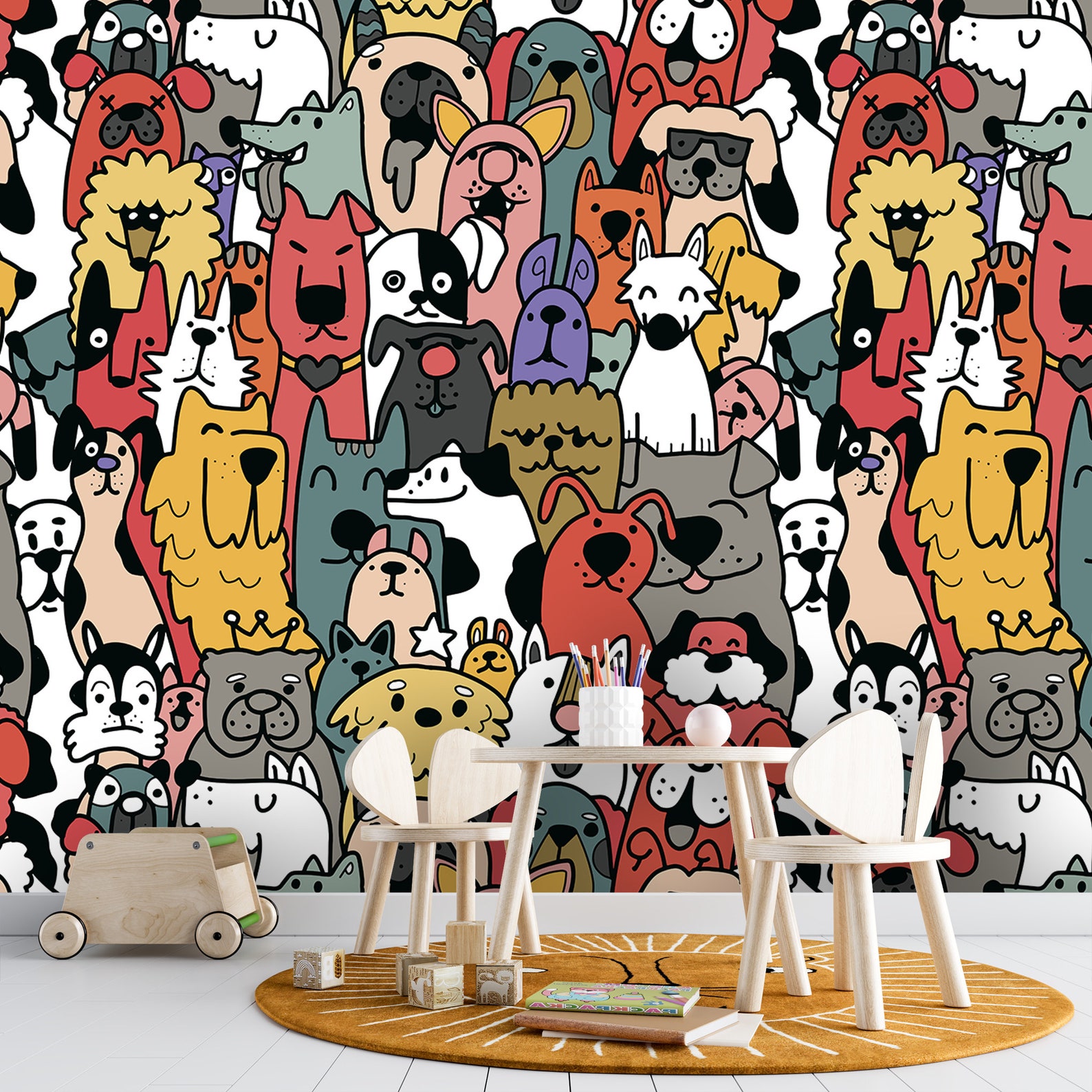 Dog Colorful Pattern Wallpaper & Wall Mural Pets Nursery Kids Dogs Wall ...
