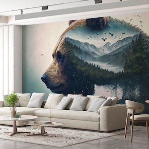Bear Forest Wall Art Mural & Wallpaper Foggy Forest Snowfield Grizzly ...