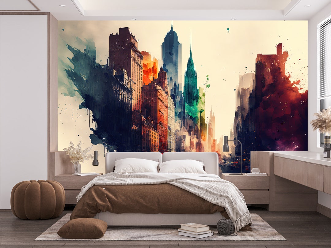 Watercolor Cityscap Skyline Wall Art Mural & Wallpaper Landscape ...