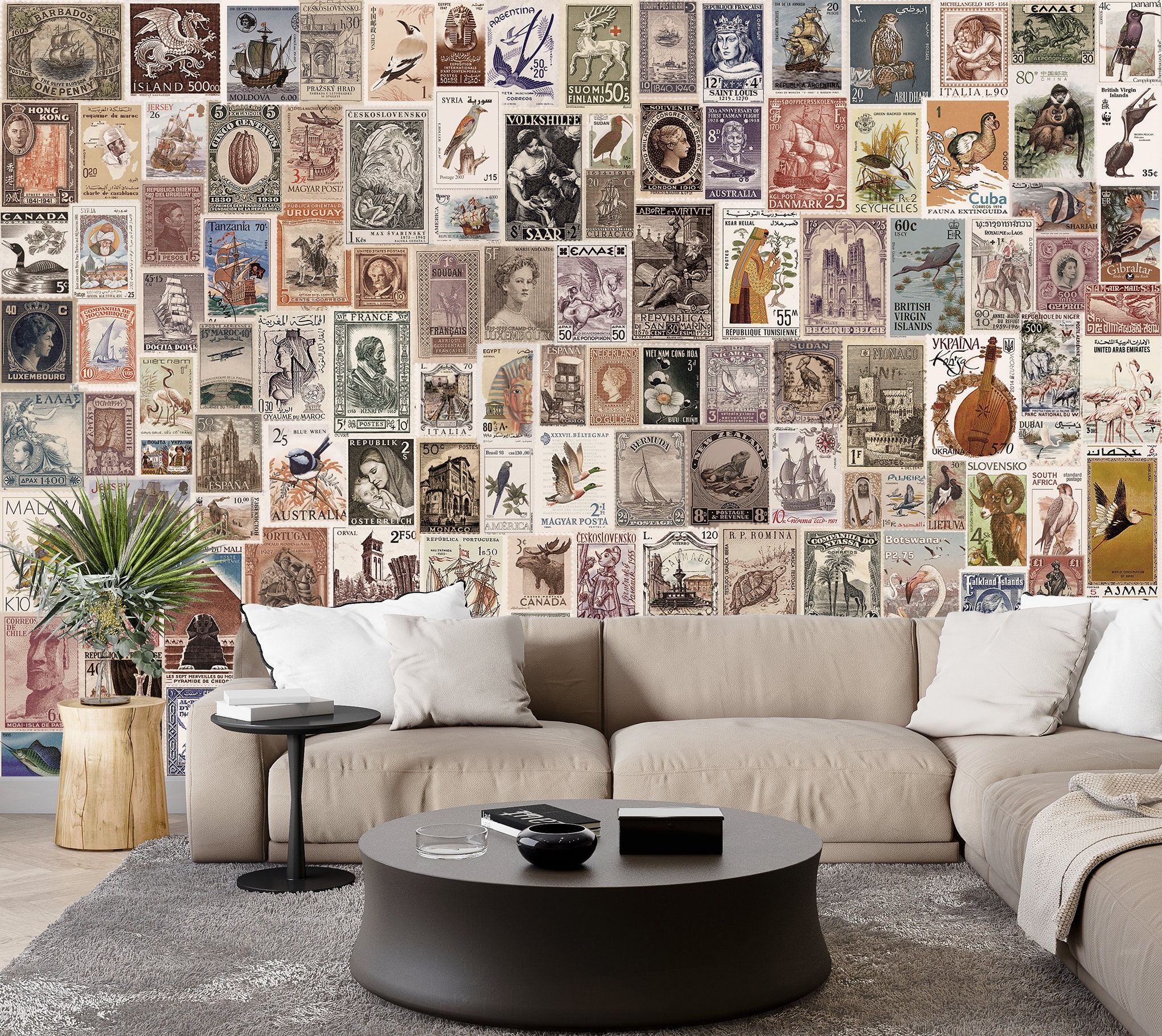 Postage Stamps Wallpaper & Wall Art Mural Vintage Postcards - Etsy