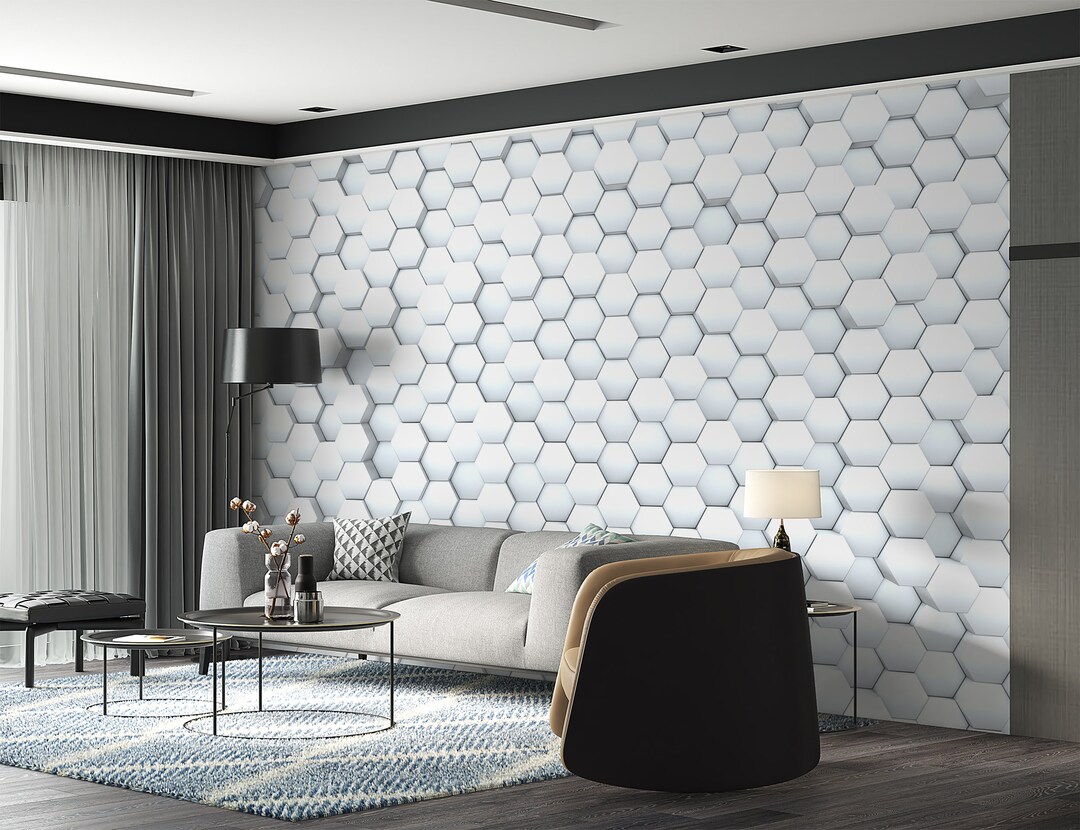 Geometric Hexagonal White Abstract Wall Art Mural & Wallpaper Hexagonal ...